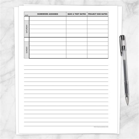 Weekly School Assignments And Tests Sheet Printable At Printable