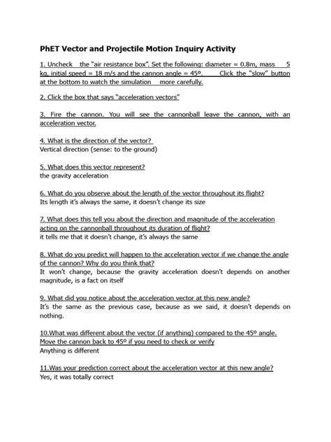 Phet Vector And Projectile Motion Inquiry Activity Pdf Acceleration Velocity