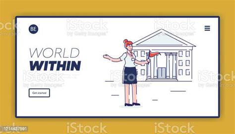 여행 개념 웹 사이트 방문 페이지 유명한 건물 앞에 붉은 깃발이있는 관광 가이드 랜드 마크 세부 사항을 설명 할 준비가되어 있습니다 웹 페이지 만화 선형 윤곽선 플랫