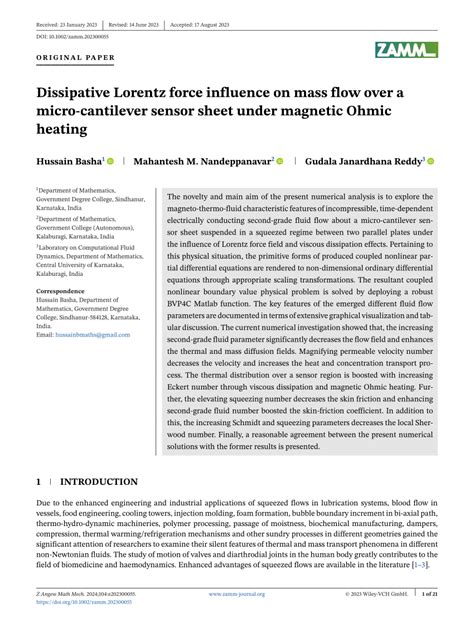 Dissipative Lorentz Force Influence On Mass Flow Over A Micro‐cantilever Sensor Sheet Under