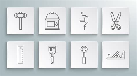 선 눈금자 페인트 양동이 퍼티 나이프 렌치 스패너 나무 평면 도구 핸드 드릴 가위 및 큰 망치 아이콘을 설정합니다 벡터 가위에 대한 스톡 벡터 아트 및 기타 이미지 Istock