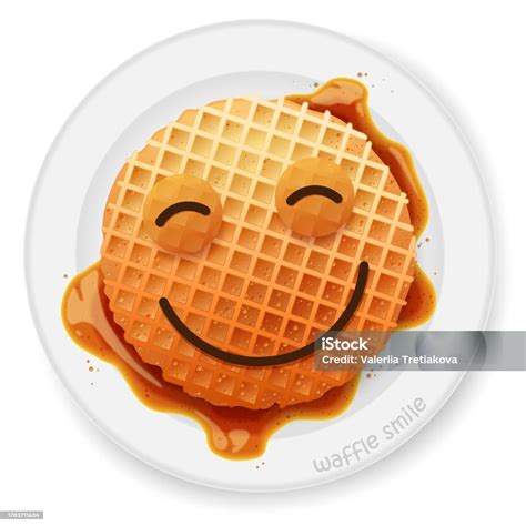벨기에 라운드 와플 행복 미소 텍스트 꿀 잼 흰색 접시에 젤리 흰색 배경에 고립 된 접시 벡터 일러스트 레이 션입니다 만화 음식 식사 아이콘 로고 아이콘 이모티콘 감정