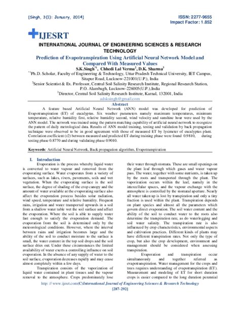 Pdf Prediction Of Evapotranspiration Using Artificial Neural Network
