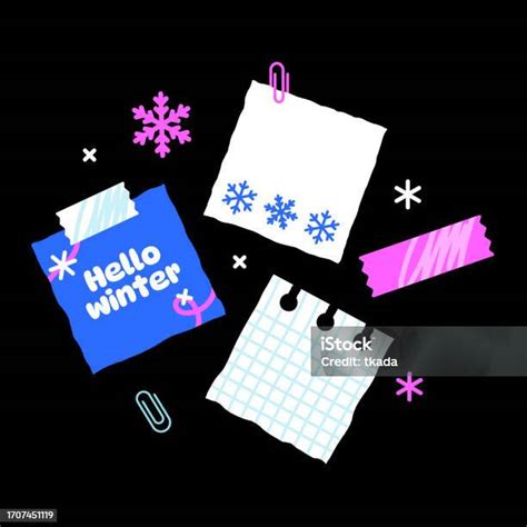 스티커에 다양한 종이 메모 알림 할 일 목록 플래너 일정을 위한 백지 스티커가 있는 정보 게시판 안녕 겨울 연하장 2024년에 대한 스톡 벡터 아트 및 기타 이미지 Istock