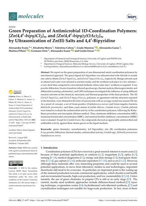Pdf Green Preparation Of Antimicrobial 1d Coordination Polymers [zn 4 4′ Bipy Cl2]∞ And [zn 4