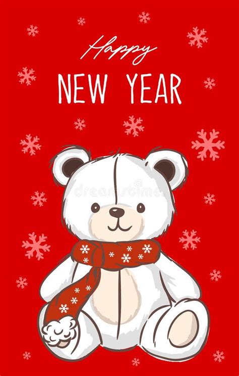 Happy New Year Hand Drawn Greeting Card With Cute Bear Stock Vector