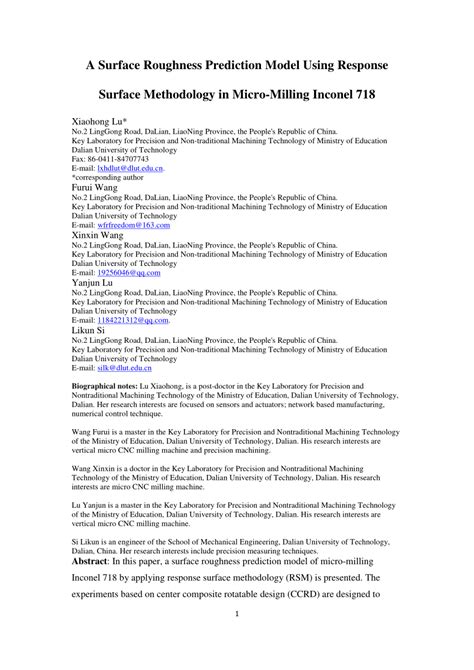 Pdf A Surface Roughness Prediction Model Using Response Surface