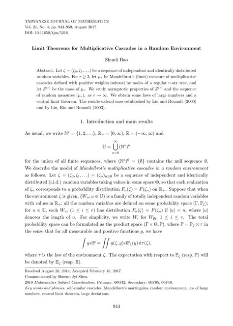 (PDF) Limit Theorems for Multiplicative Cascades in a Random Environment