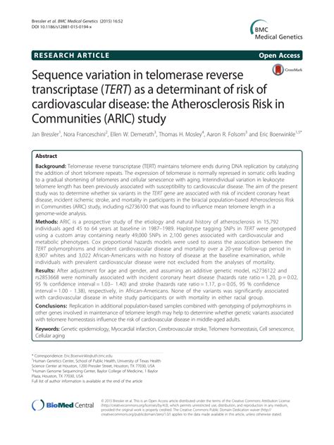 Pdf Sequence Variation In Telomerase Reverse Transcriptase Tert As A Determinant Of Risk Of
