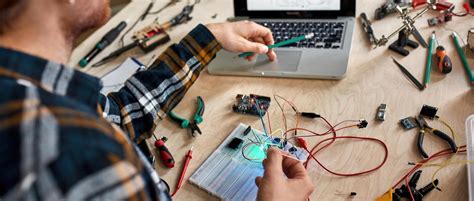 Partial Engineer Use Laptop While Connect Wires Stock Image Image Of