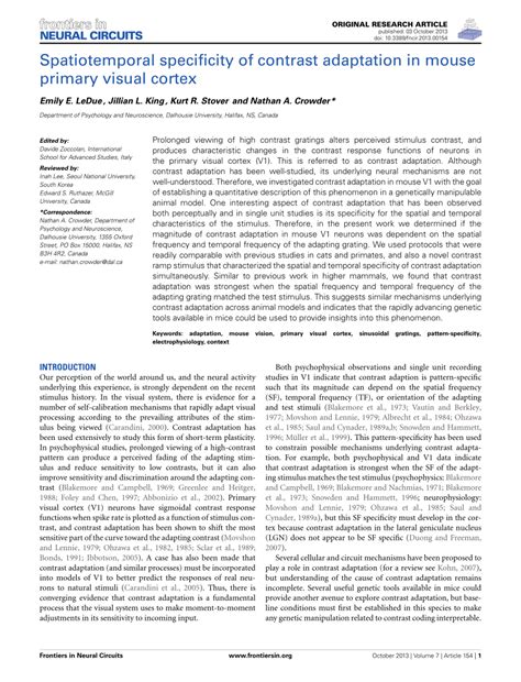 Pdf Spatiotemporal Specificity Of Contrast Adaptation In Mouse Primary Visual Cortex