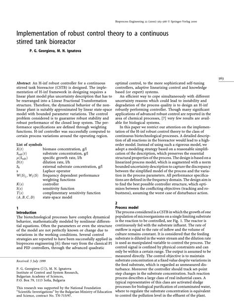 Pdf Implementation Of Robust Control Theory To A Continuous Stirred Tank Bioreactor