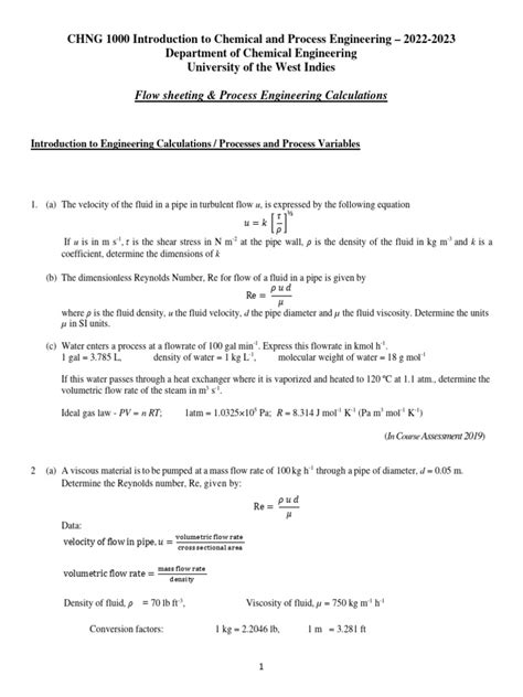 Flow Sheeting Process Engineering Calculations Assignment 2022 Pdf