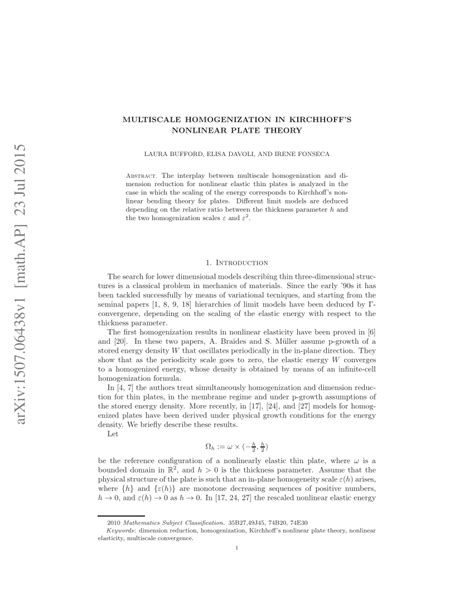 Pdf Multiscale Homogenization In Kirchhoffs Nonlinear Plate Theory