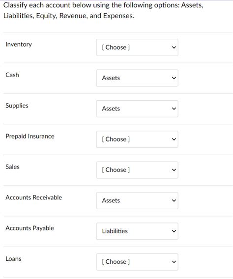 solved classify each account below using the following