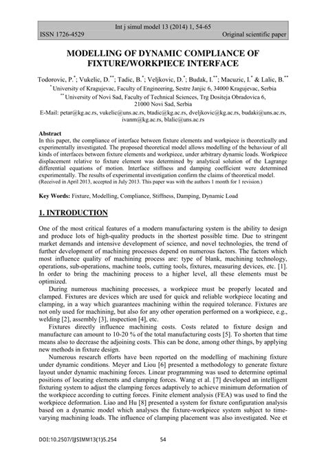 Pdf Modelling Of Dynamic Compliance Of Fixture Workpiece Interface