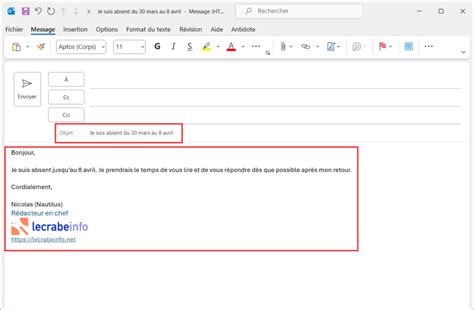 Outlook Configurer Un Message Dabsence Le Crabe Info