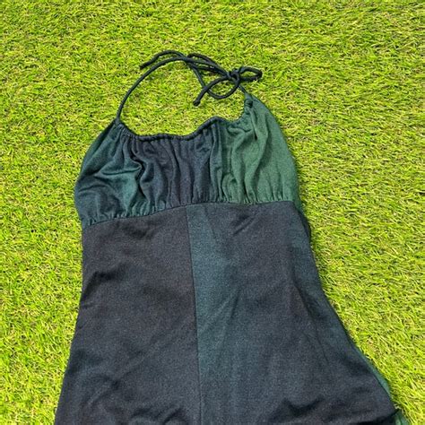 1970s Green Blue Halter Style Maxi Dress Gem