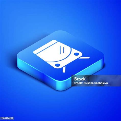 파란색 배경에 격리 된 등각 투영 트램 및 철도 아이콘 대중 교통 기호입니다 파란색 사각형 버튼입니다 벡터 일러스트레이션 거리에