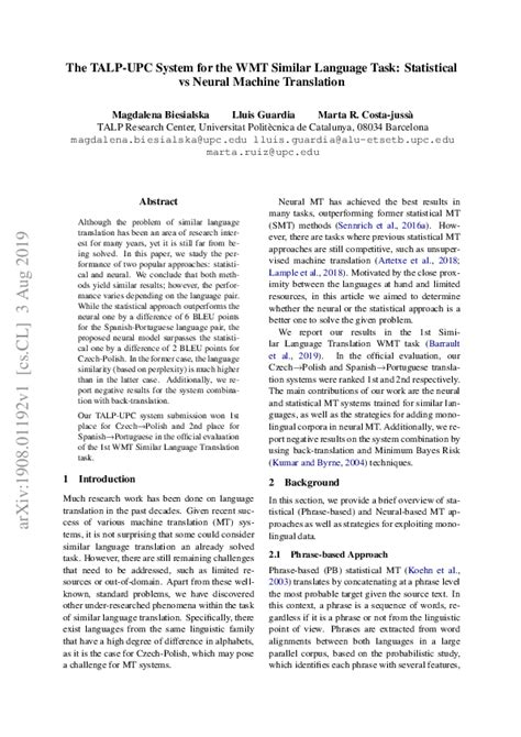 Pdf The Talp Upc System For The Wmt Similar Language Task Statistical Vs Neural Machine