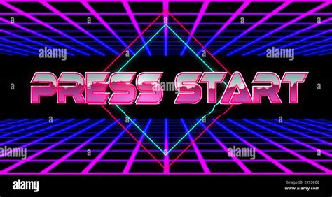 image of press start text over rhombuses and grid pattern against black