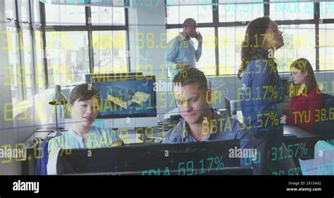 Stock Market Data Processing Against Businesspeople Working At Modern