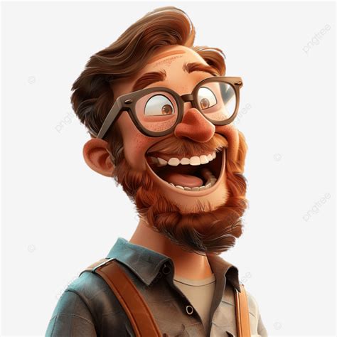 Pixar 3d 스타일의 성인 그림 픽사의 생동감 넘치는 캐릭터 디자인에서 영감을 받은 수염과 안경을 쓰고 큰 소리로 웃는 얼굴 따뜻한 색온도 쾌활한 표정 자연광 전신 및