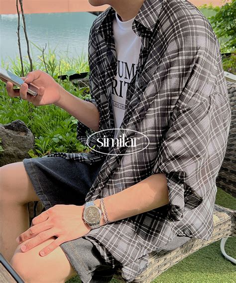 남녀공용 샤인 시스루 쉬폰 체크 빅 루즈 오버핏 셔츠 에이블리