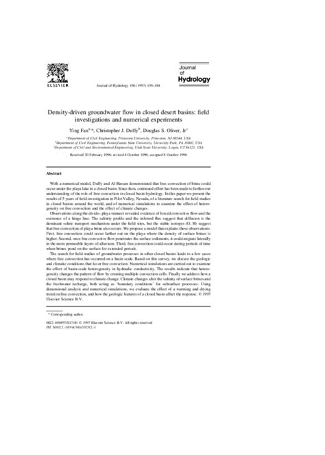 Pdf Density Driven Groundwater Flow In Closed Desert Basins Field Investigations And