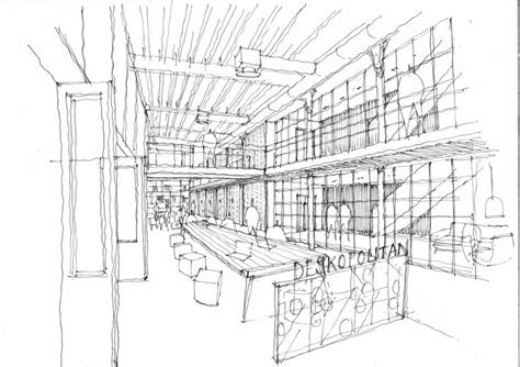 A Drawing Of A Long Table In A Room With Shelves On The Wall And Chairs Around It