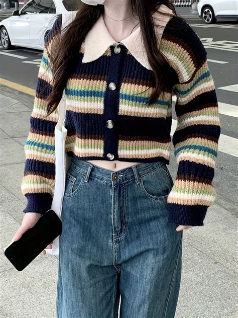 프린트 버튼 프론트 크롭 카디건 가을과 겨울을 위한 세련된 롱 슬리브 라펠 카디건 여성 의류 Temu