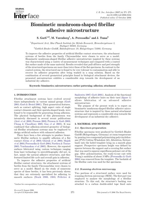 Pdf Biomimetic Mushroom Shaped Fibrillar Adhesive Microstructure