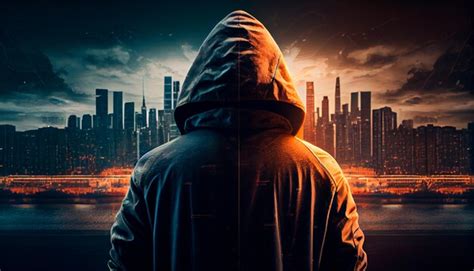 Premium Photo A Hacker In A Hooded Jacket Standing In Front Of A Cityscape Generative Ai