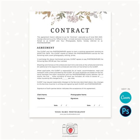 Photographer Contract Template For Canva And Photoshop Floral