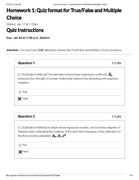 Quiz Homework 1 Quiz Format For True False And Multiple Choice