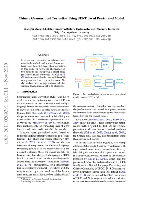 Pdf Chinese Grammatical Correction Using Bert Based Pre Trained Model