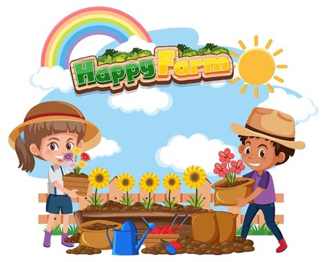 Premium Vector Font Design For Happy Farm With Happy Girl And Flowers