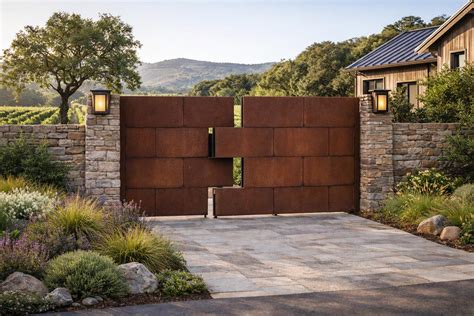 Modern Corten Steel Privacy Gate Custom Architectural Metal Entrance