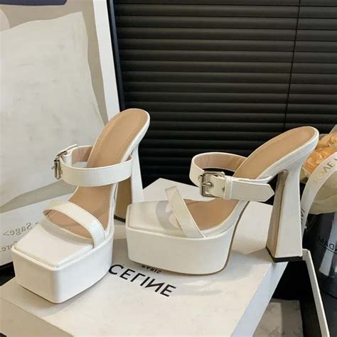 Emma Jones Square Open Toe Double Straps Platforms Chunky Heels