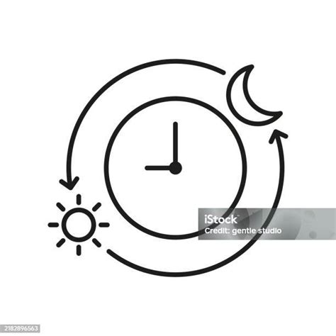 낮과 밤 사이클 라인 아이콘이 있는 시계 태양과 달의 윤곽선 기호가 있는 일주기 리듬 낮과 밤의 전환 편집 가능한 획 고립된 벡터 삽화 0명에 대한 스톡 벡터 아트 및 기타