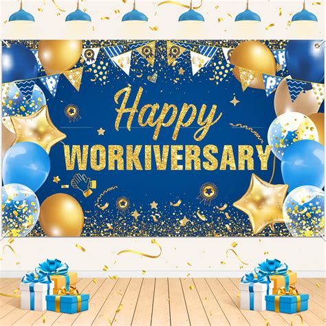 Happy Work Anniversary Banner Decorations Blue Gold Happy