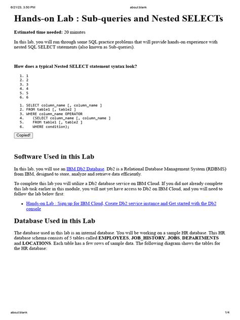 Optional Db2 Lab Sub Queries And Nested Selects Pdf Ibm Db2 Databases