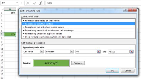 Excel Conditional Formatting With Percentage In One Cell Stack Overflow