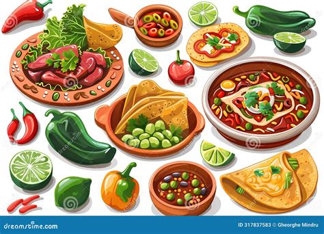 Cute Cartoon Image Of Mexican Food Such As Tacos And Chalupas With