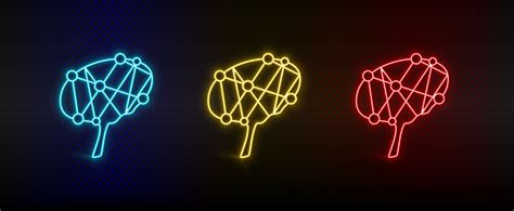 Neon Icon Set Brain Brainstorming Set Of Red Blue Yellow Neon