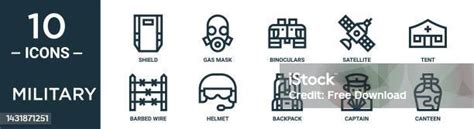 군사 개요 아이콘 세트는 얇은 선 방패 쌍안경 텐트 헬멧 선장 매점 보고서 프레 젠 테이션 다이어그램 웹 디자인을위한 철조망 아이콘을 포함합니다 0명에 대한 스톡 벡터 아트