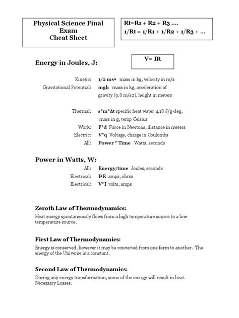 Physical Science Final Energy Cheat Sheet Pdf