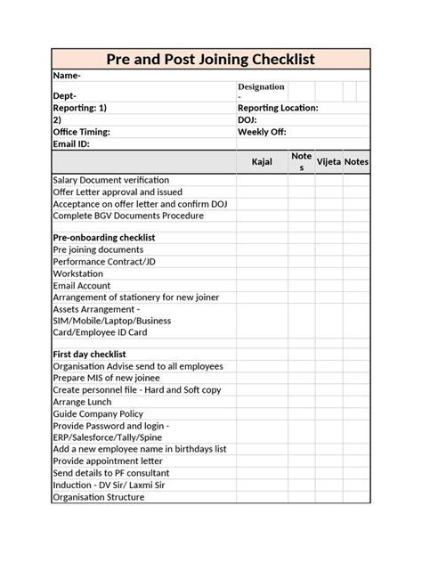 Pre And Post Joining Checklist Pdf