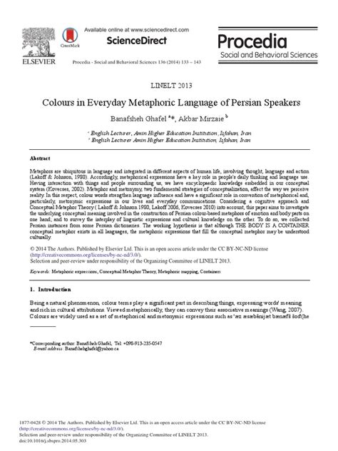 Colours In Everyday Metaphoric Language Of Persian Speakers Pdf Metaphor Embodied Cognition