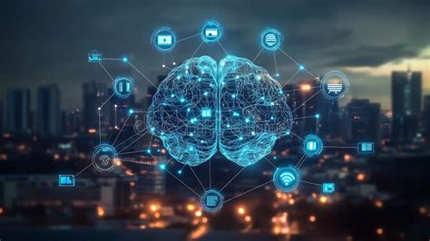 Digital Brain With Glowing Data Streams And Cybersecurity Icons In Futuristic Urban Cityscape